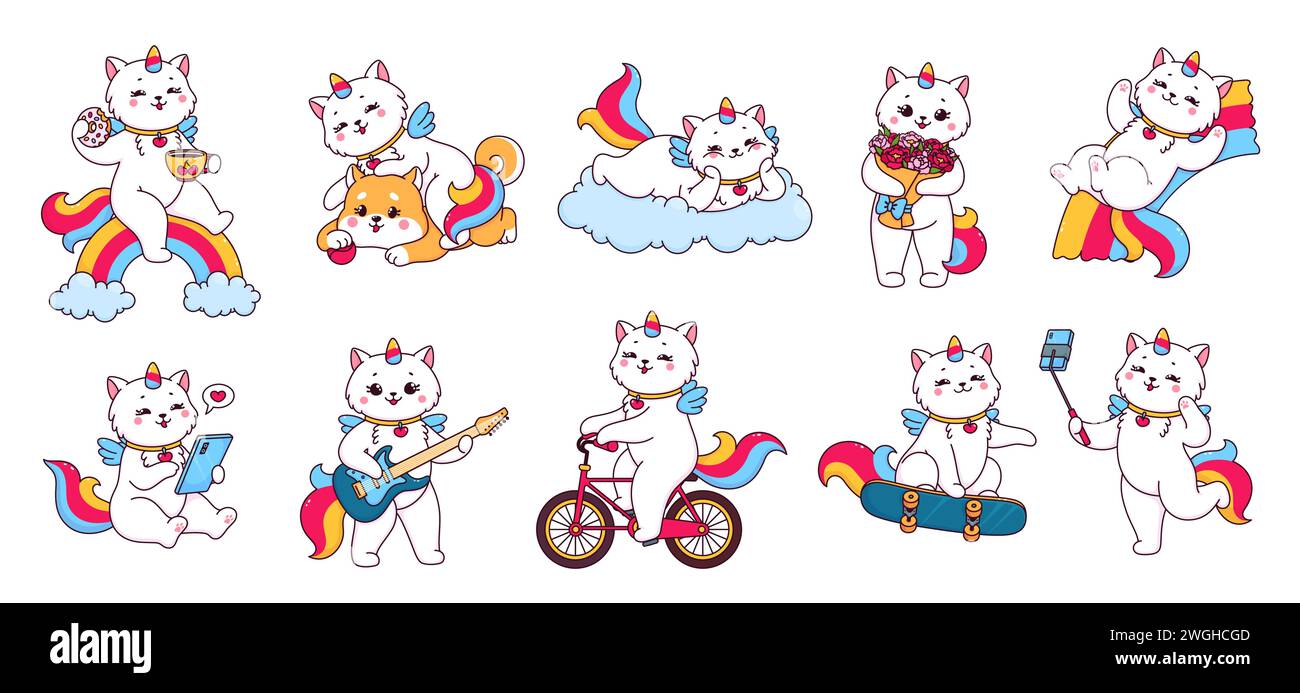 Cartoon cute caticorn cat and kitten characters set. Funny unicorn cat ...