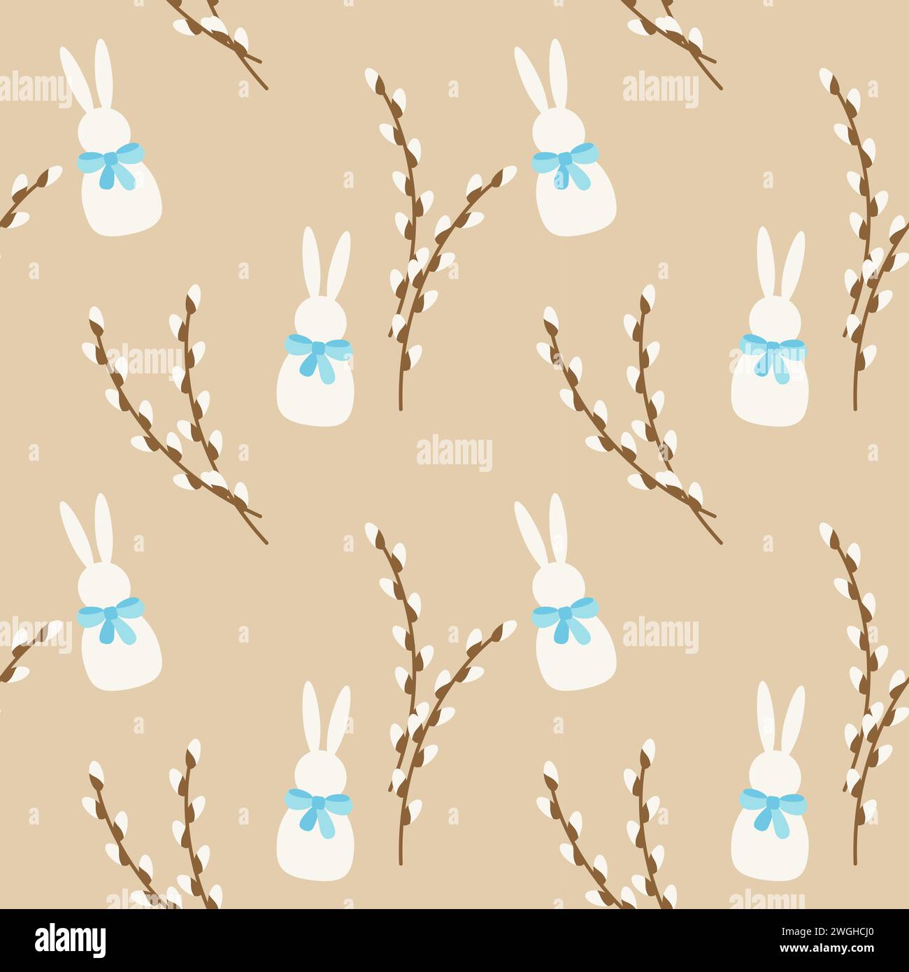 Pattern of white Bunny and willow branches on soft beige background, Easter design. Vector ...