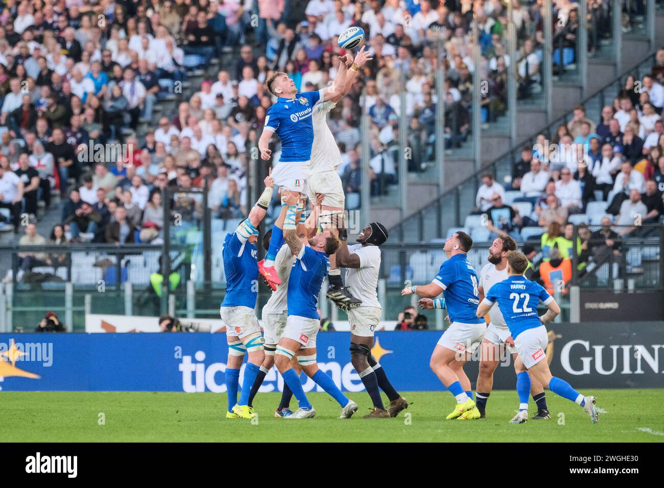 Federico Ruzza of Italy is catching the ball in a line-out during the ...