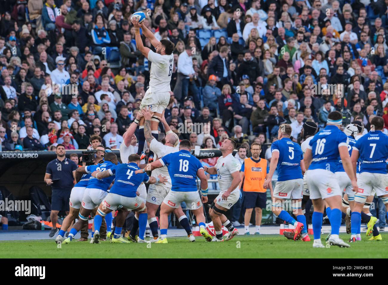 Ethan Roots of England is catching the ball in a line-out during the ...