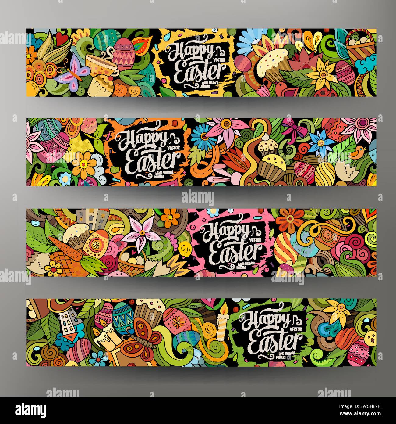 Cartoon cute colorful vector doodles Happy Easter corporate identity. 4 ...