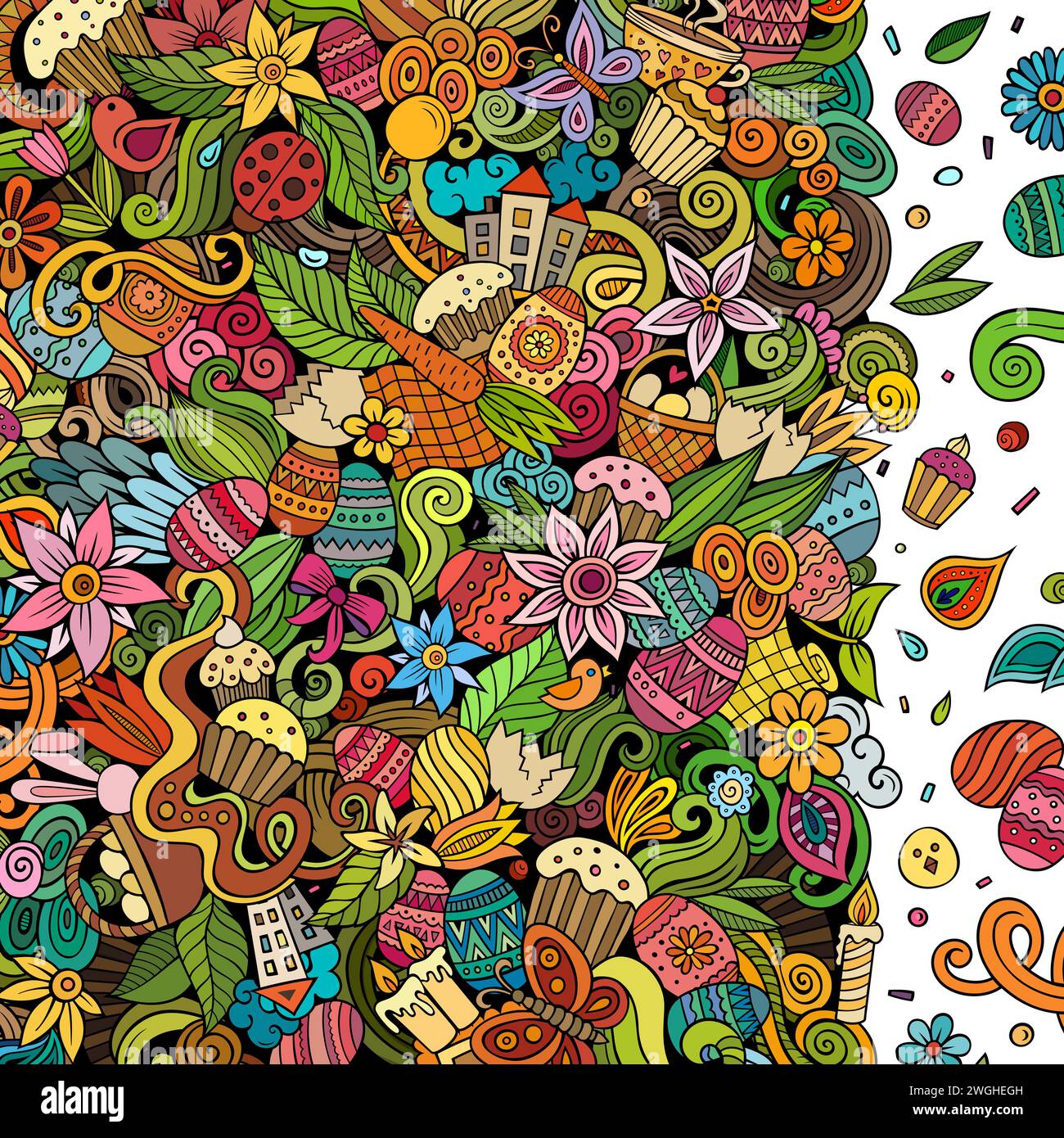 Happy Easter vector doodle border illustration. Spring Holiday elements ...