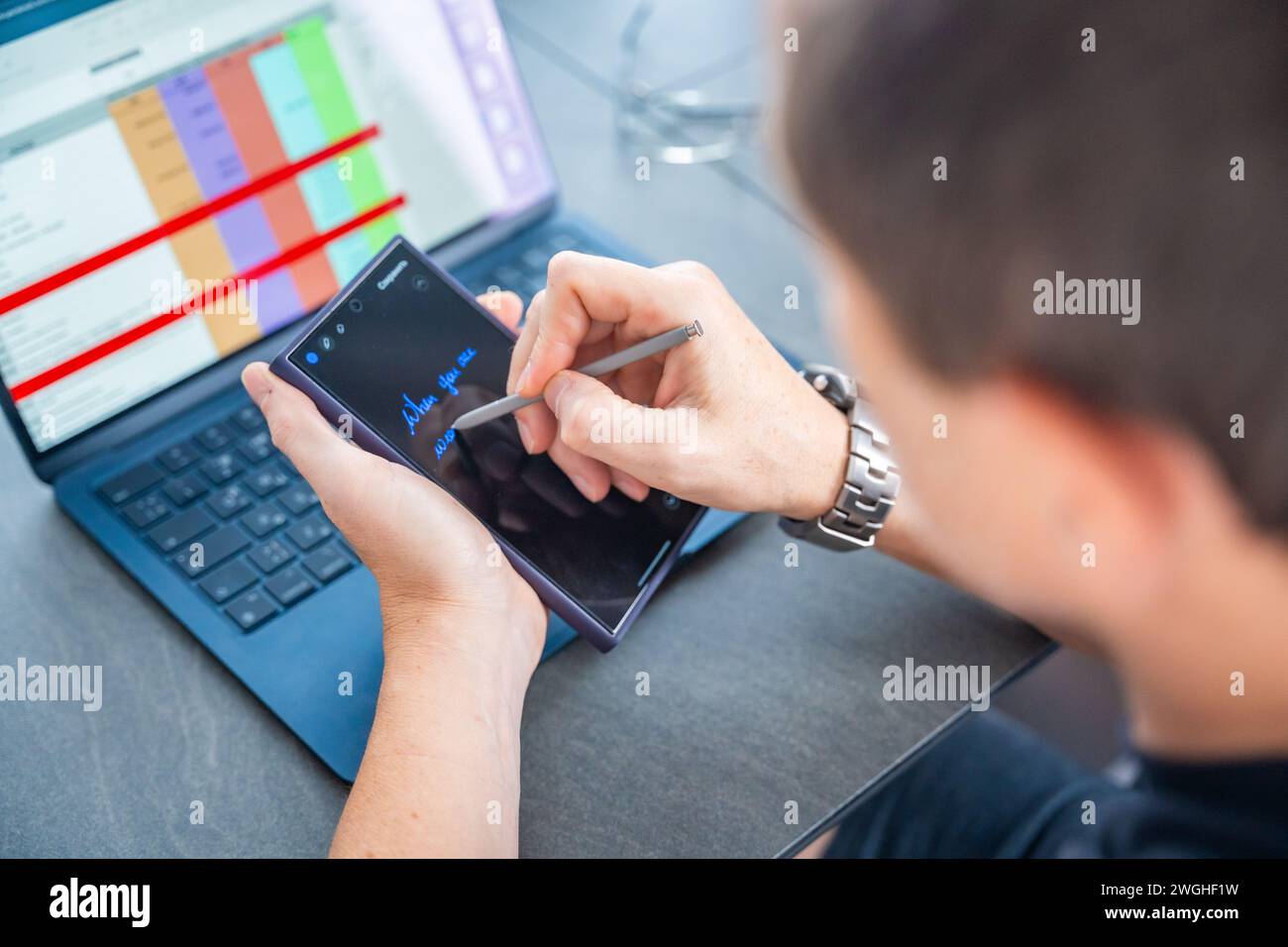 Prague, Czech republic - February 5, 2024: Man works with new Samsung ...