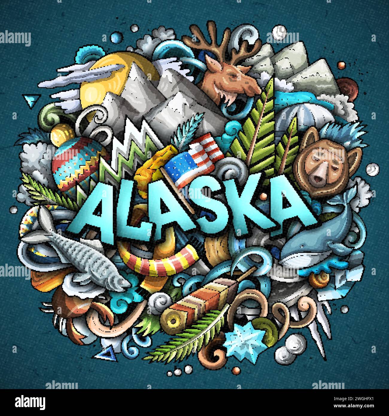 Alaska hand drawn cartoon doodle illustration. Funny USA State design ...