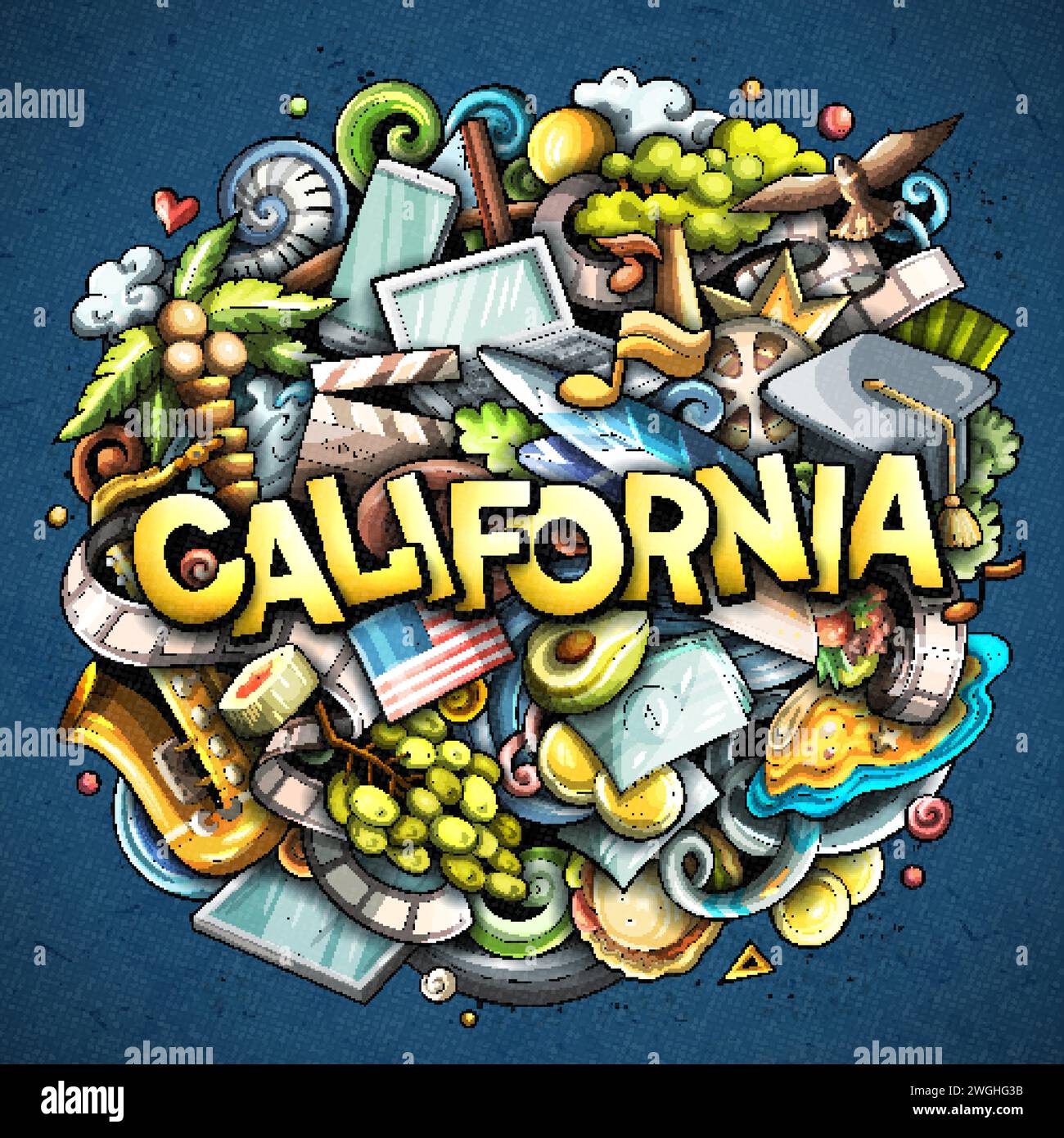 California hand drawn cartoon doodle illustration. Funny USA State ...