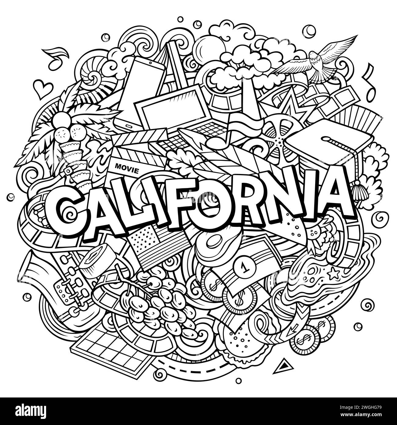 California hand drawn cartoon doodle illustration. Funny USA State ...