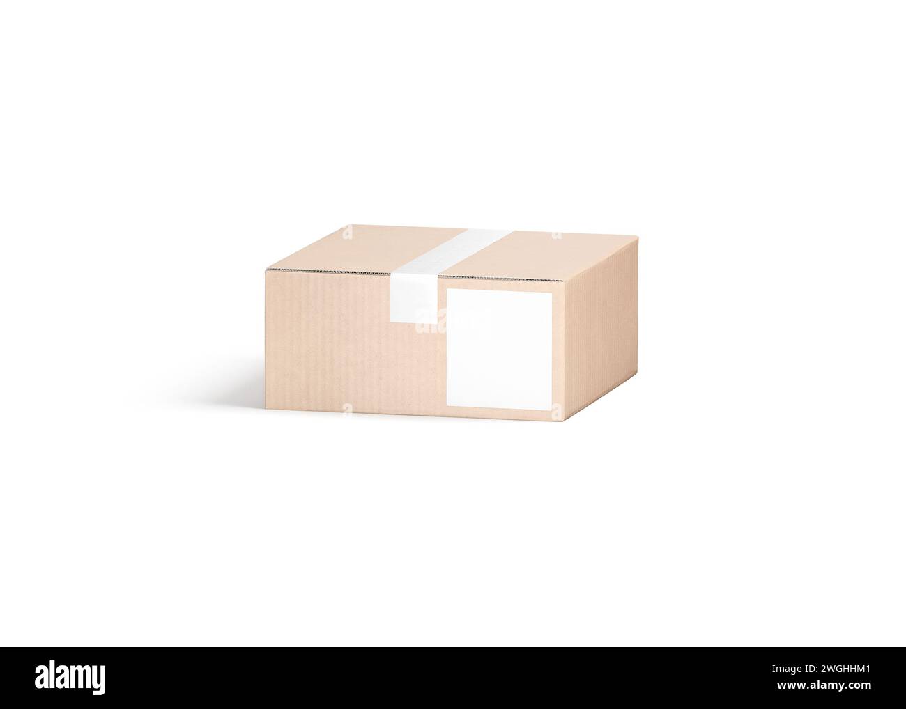 Blank white shipping label on craft box mockup, front view, 3d ...