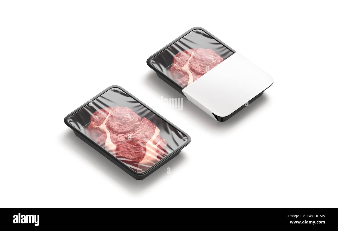 Blank transparent plastic beef tray with white label mockup, isolated ...