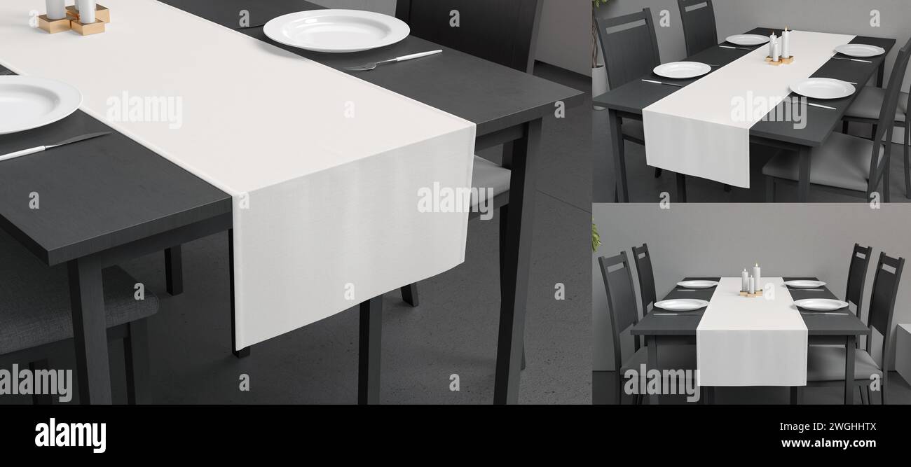 Blank white table runner and dishes mockup, interior background, 3d ...