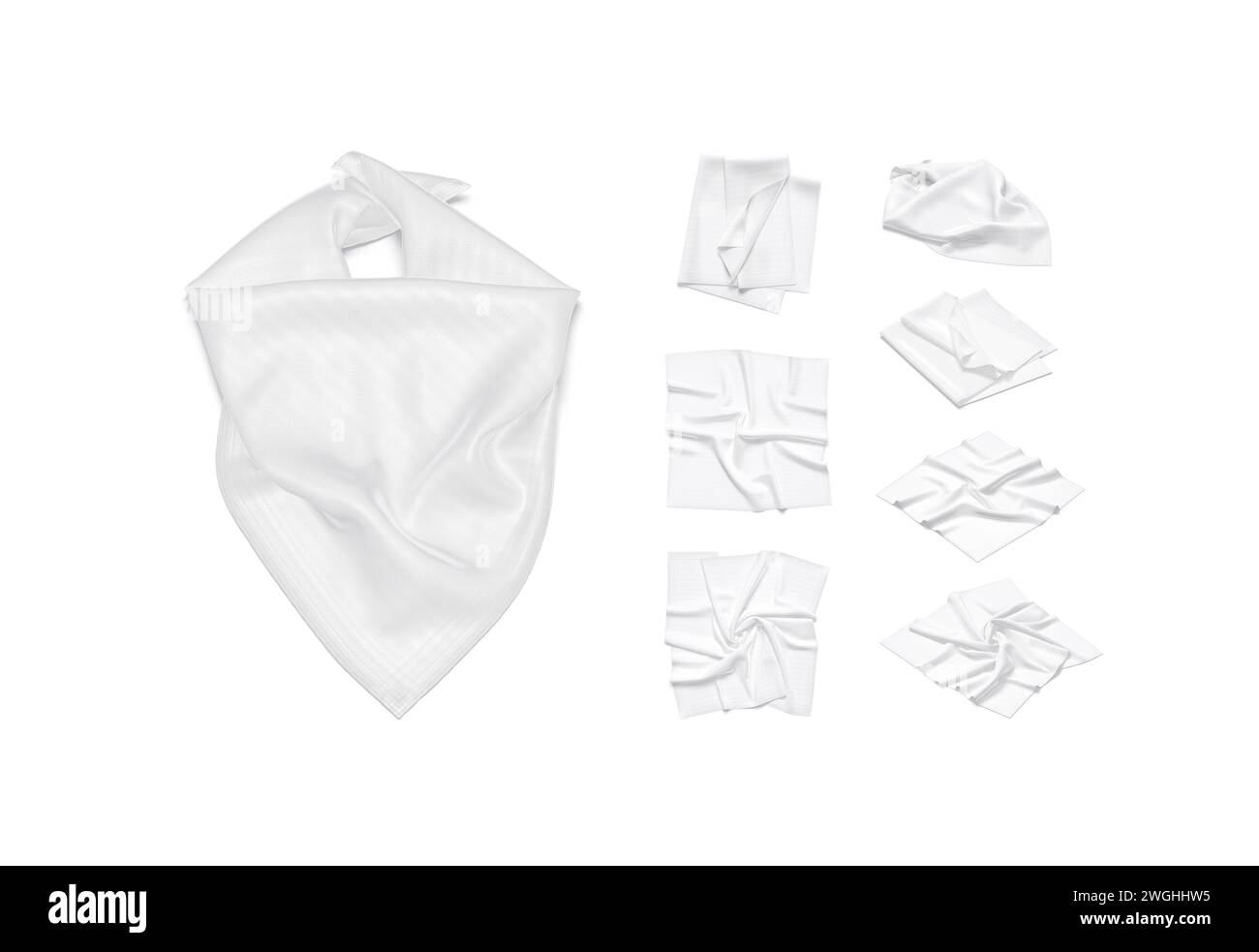 Blank white twill silk scarf mockup, different types, 3d rendering ...