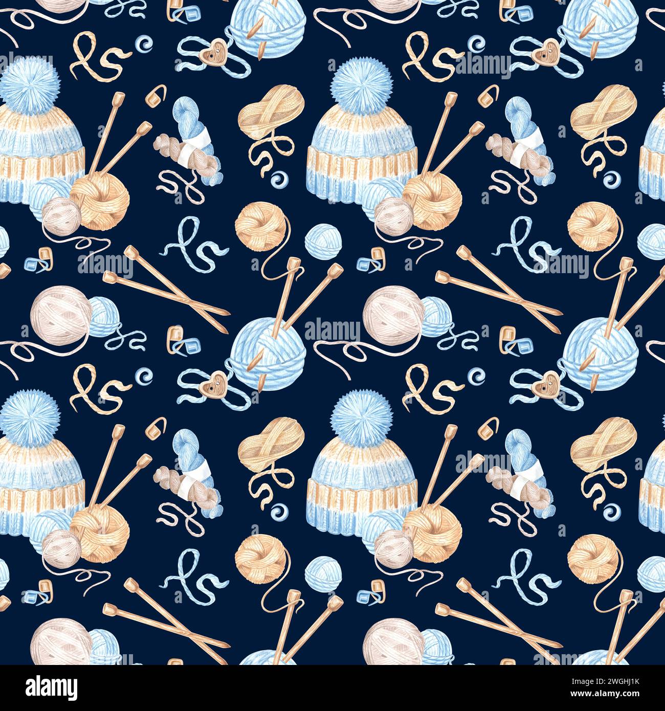 Seamless pattern of balls and skeins of wool, knitting needles and hat ...