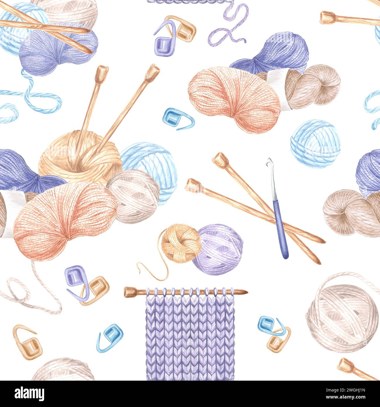 Seamless pattern of skein and ball of yarn, fabric sample and knitting ...