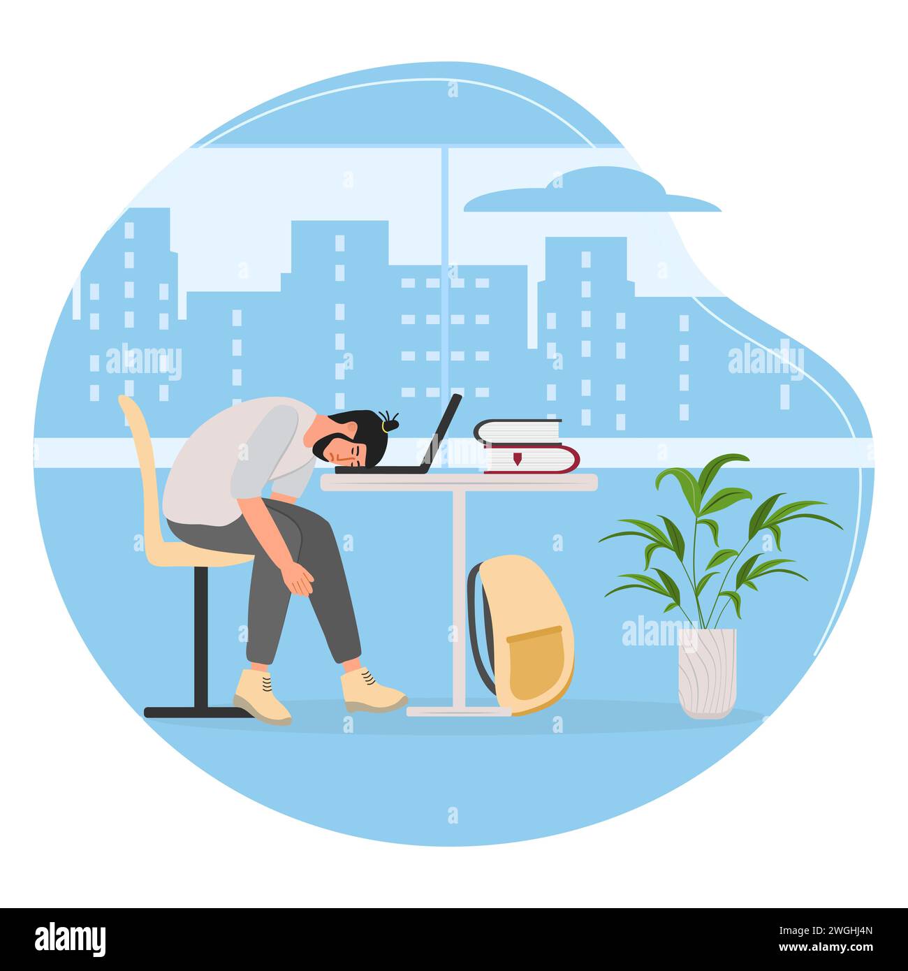 Tired man sitting on chair with her head on the table. Concept of emotional burnout Stress ...