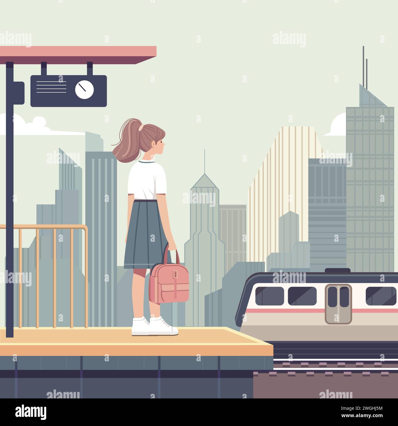 Vector illustration Girl with backpack waiting for train, an electric ...