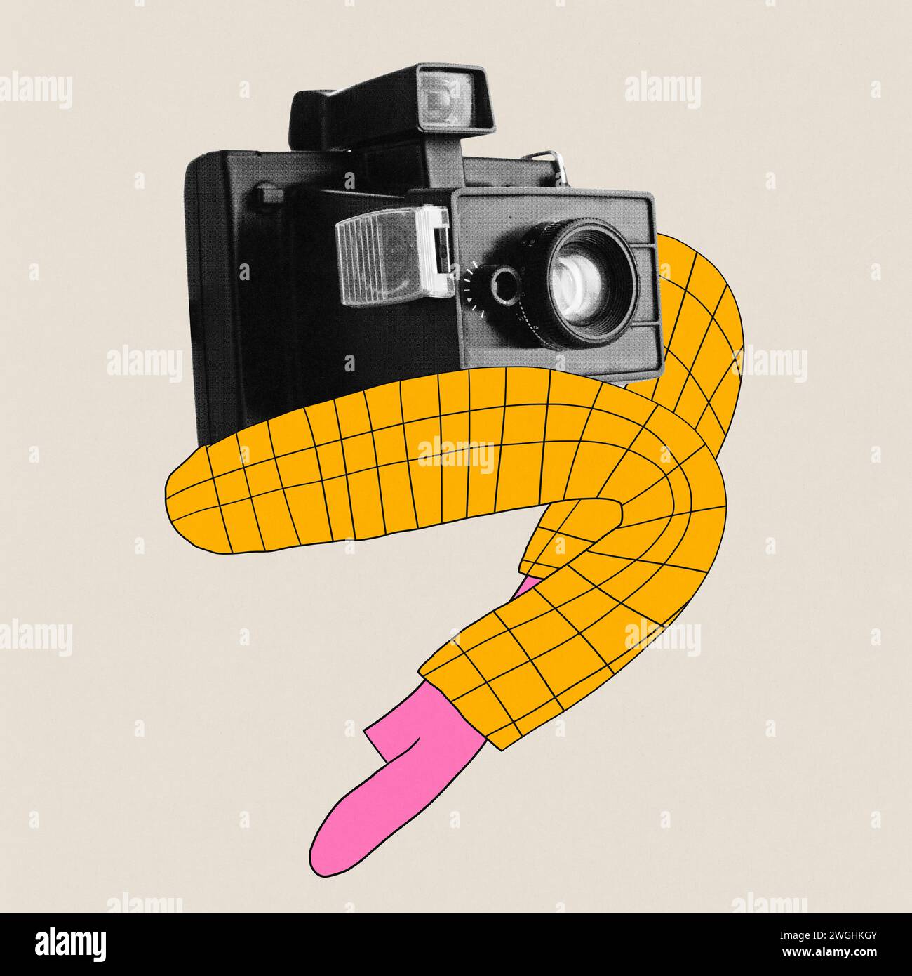 Contemporary art collage. Retro video camera jumping with its log ...