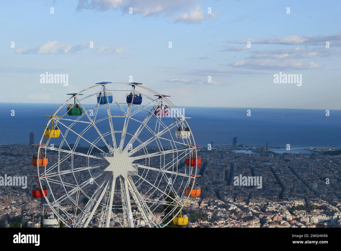 Colorful ferris wheel in the Tibidabo amusement park with panoramic ...