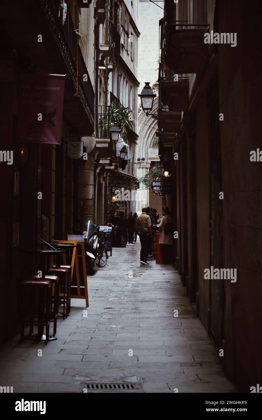 Narrow and typical street of the Gothic neighborhood of Barcelona in ...