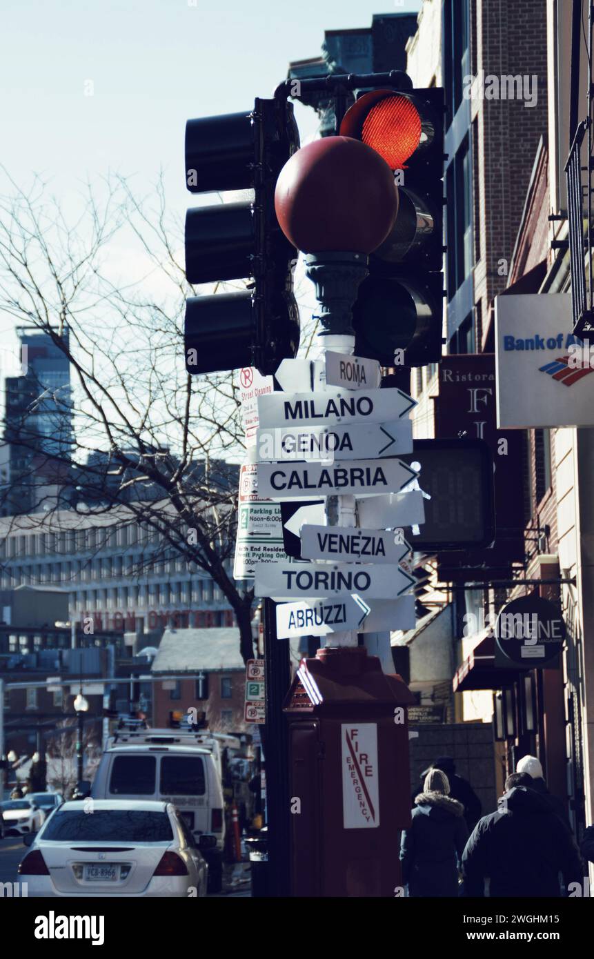 traffic light and direction signs in downtown Boston, in the United ...