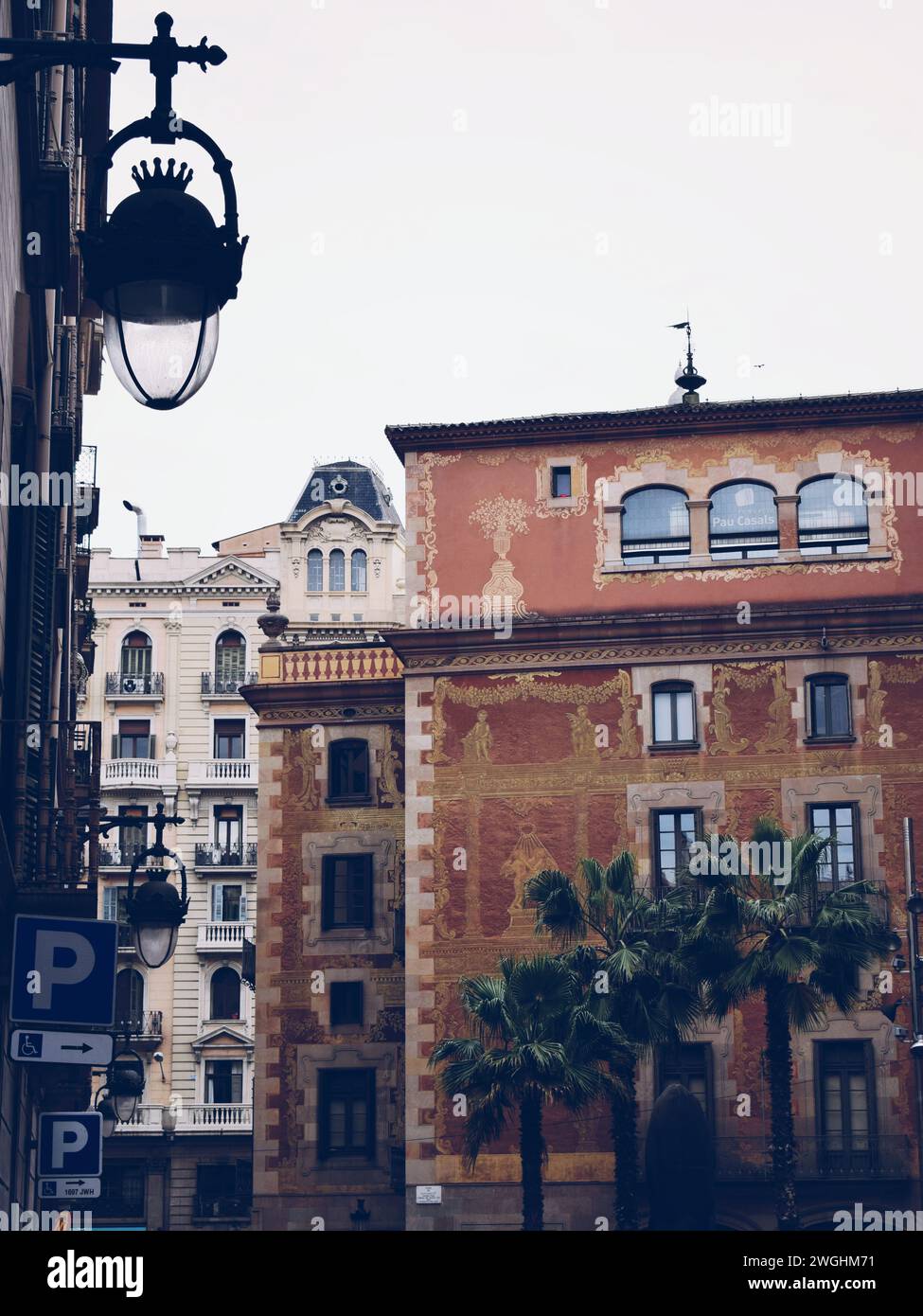 Colorful facades in the Gothic neighborhood of Barcelona in Catalonia ...