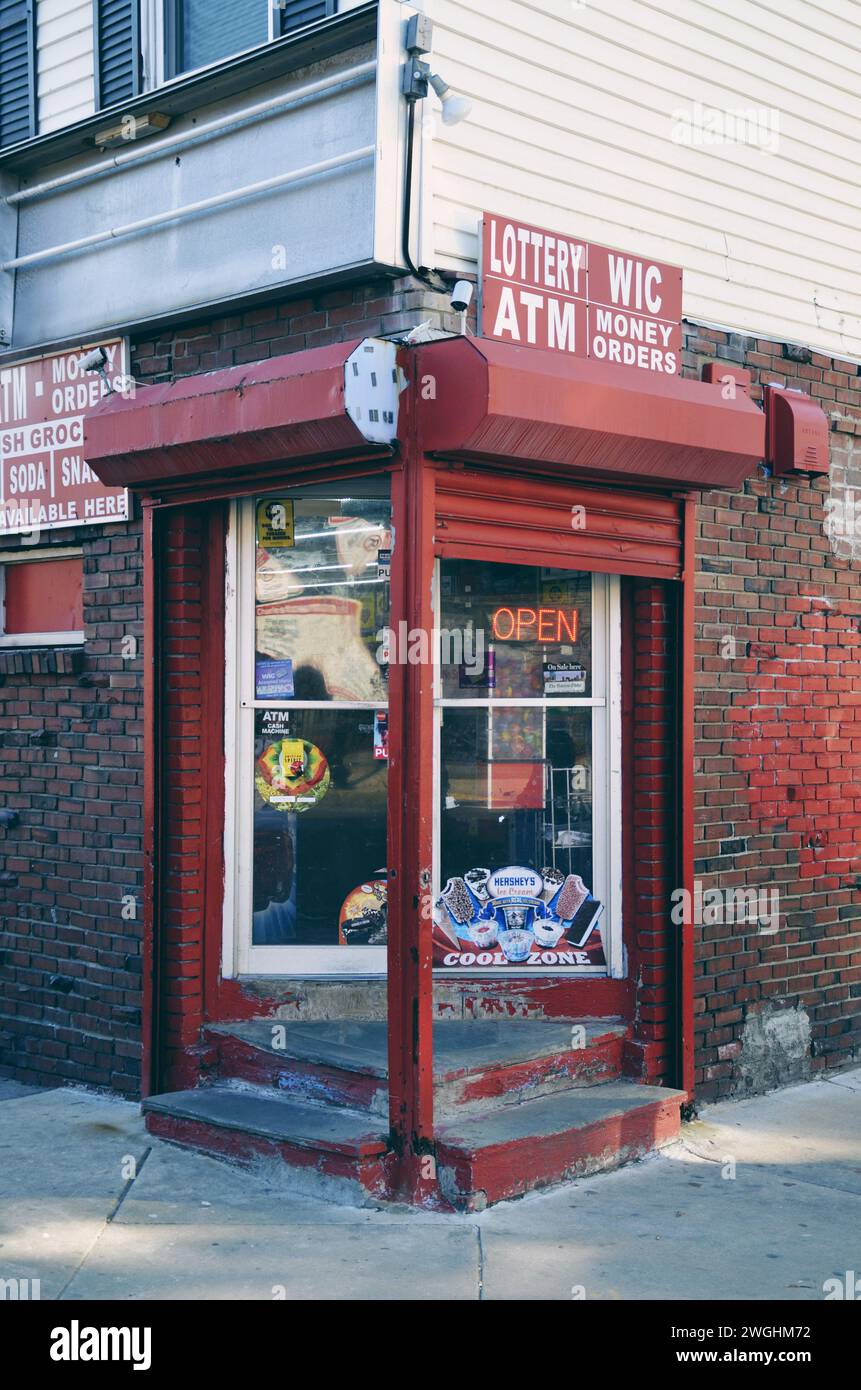 small store on a corner in Boston, in the United States, on February 14 ...