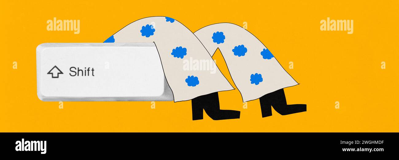 Banner. Contemporary art collage. Keyboard shift key with illustrated ...