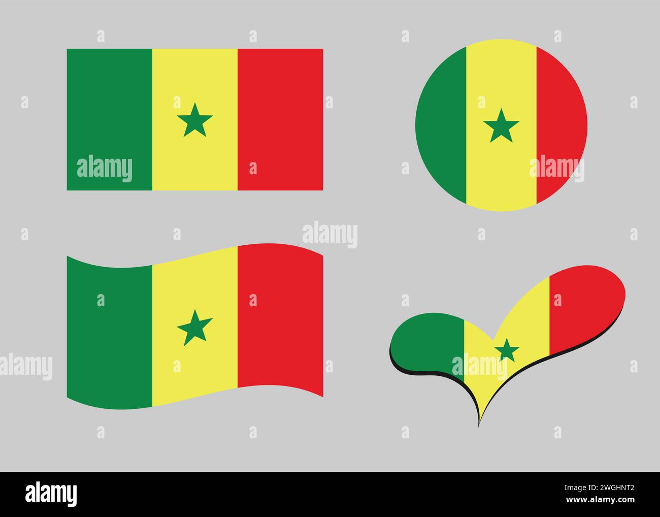 Flag of Senegal. Senegal flag in heart shape. Senegal flag in circle shape. Country flag ...