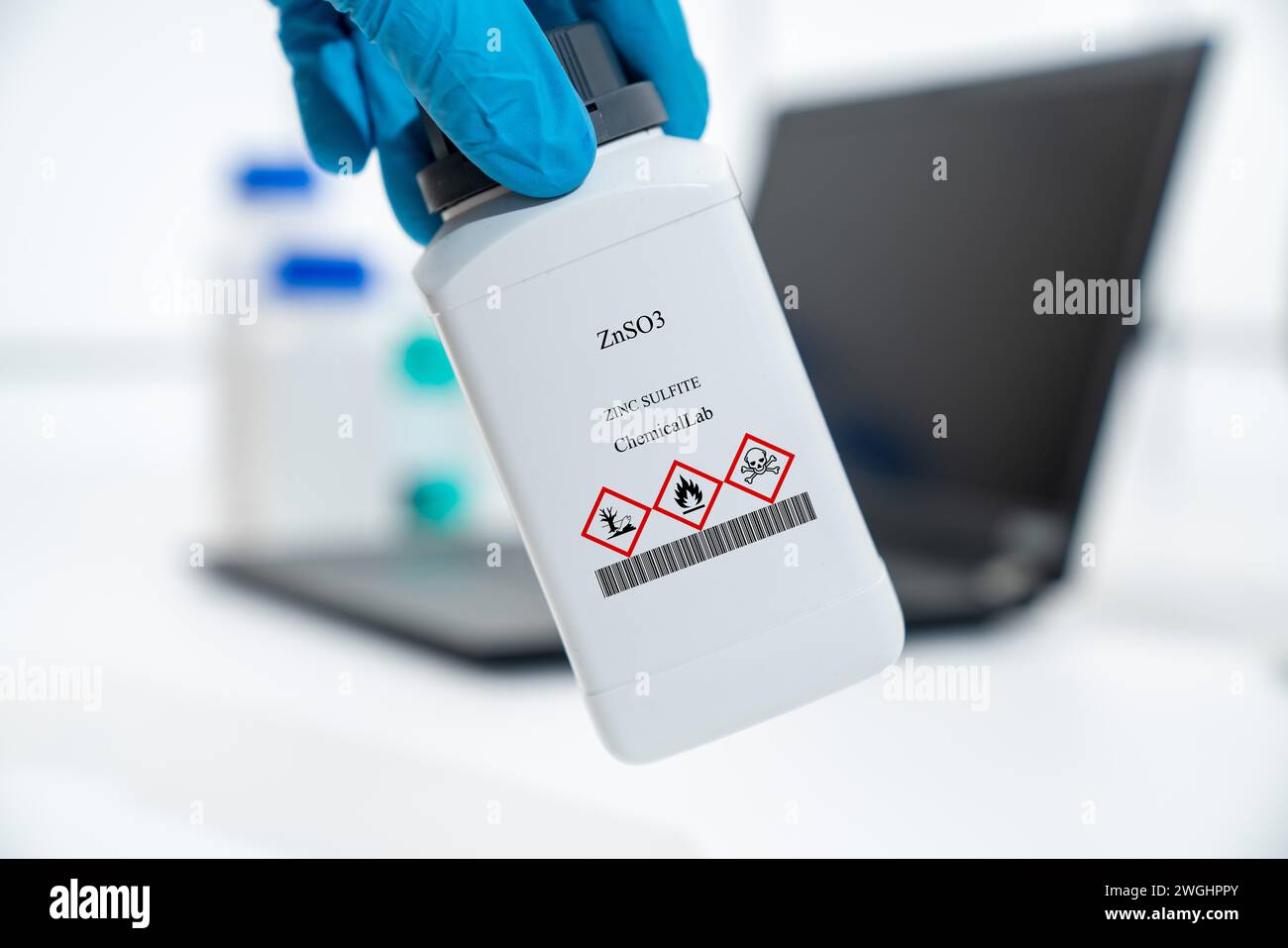 ZnSO3 zinc sulfite CAS chemical substance in white plastic laboratory ...