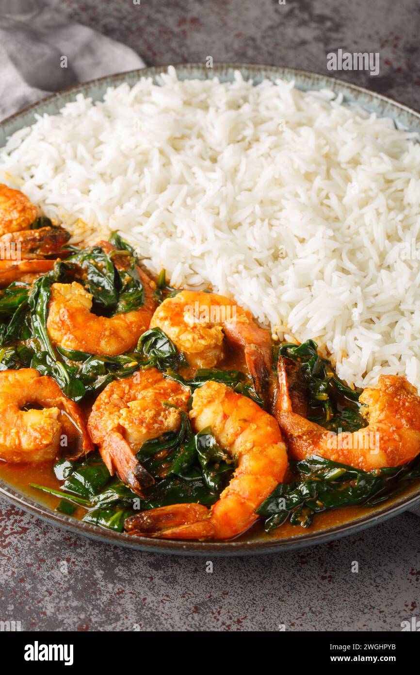Delicious Indian prawn and spinach curry served with rice closeup on ...