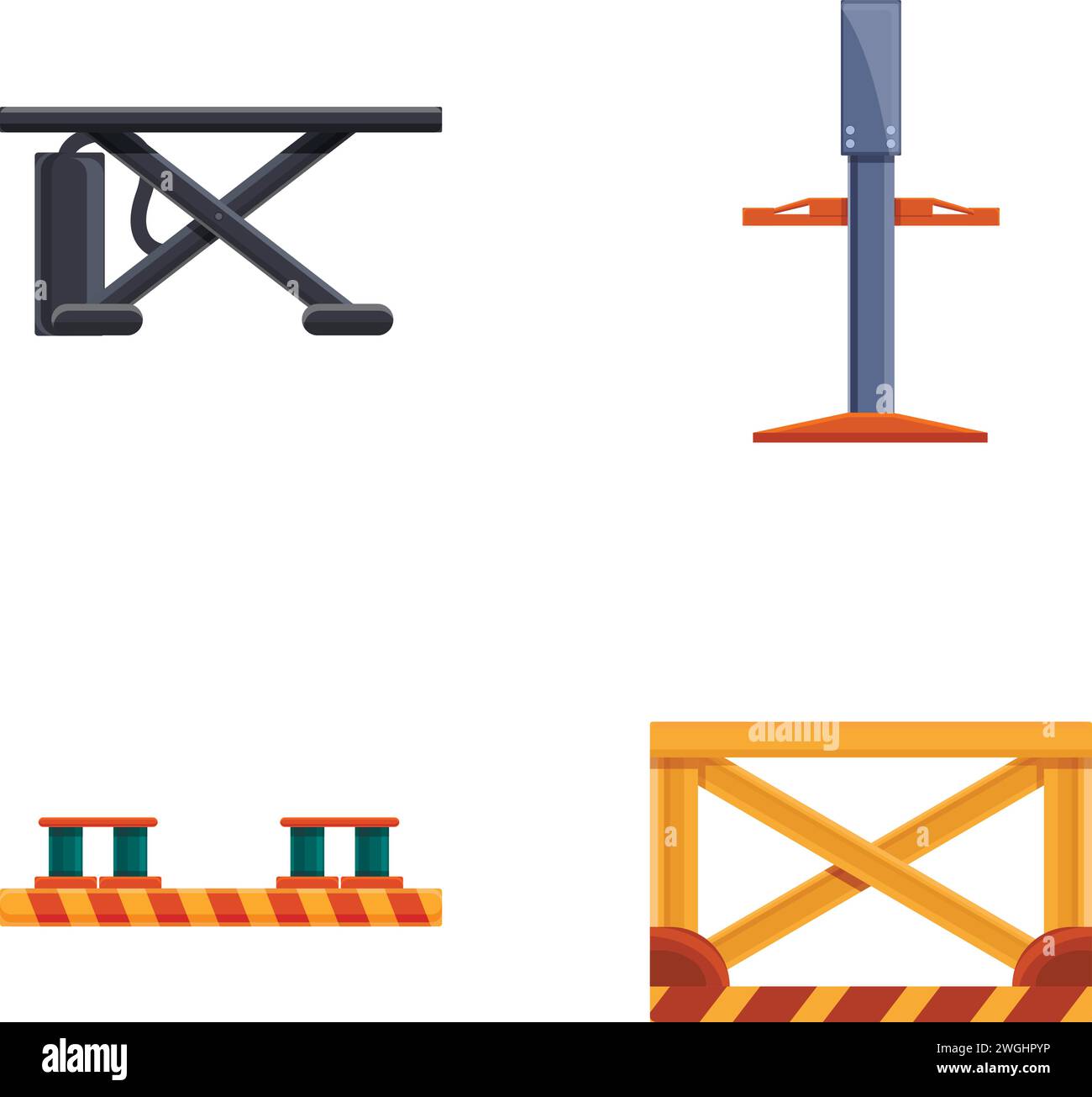 Auto lift icons set cartoon vector. Car lift stand tower. Car service ...