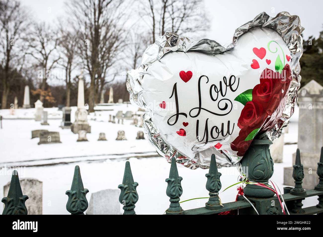 Manchester, New Hampshire, USA - Snowy cemetery in winter with I Love ...