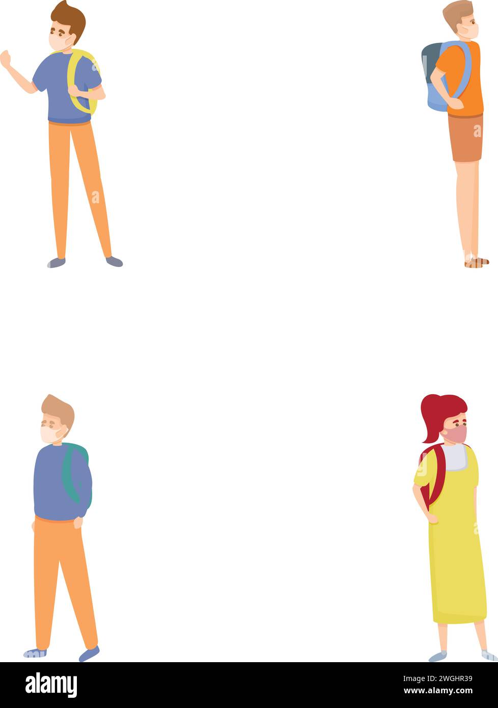 Social distance icons set cartoon vector. Guy and girl student wearing ...