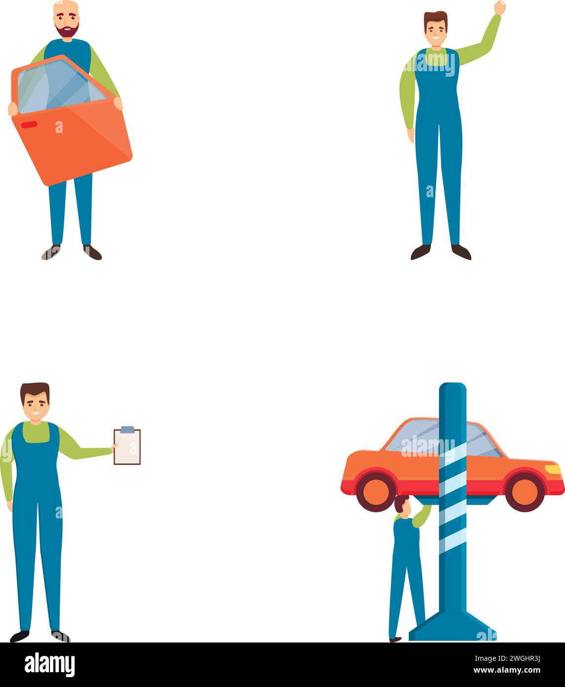 Car service icons set cartoon vector. Auto mechanic during work ...