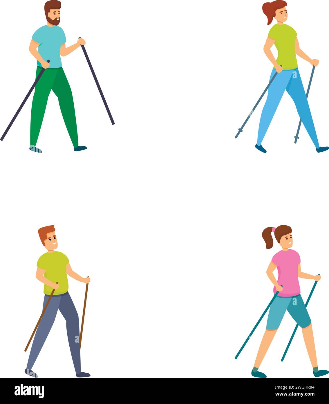 Nordic walking icons set cartoon vector. People doing nordic walking ... Nordic walking icons set cartoon vector. People doing nordic walking ...