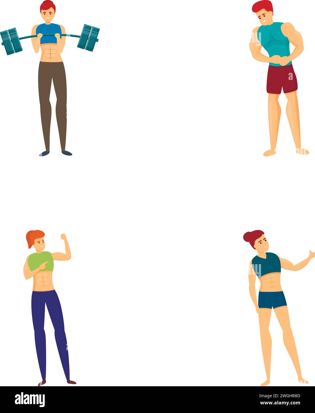 Bodybuilding icons set cartoon vector. Man and woman during training ...