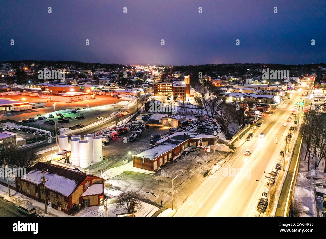 Manchester, New Hampshire, USA - Street view at dusk with street lights ...
