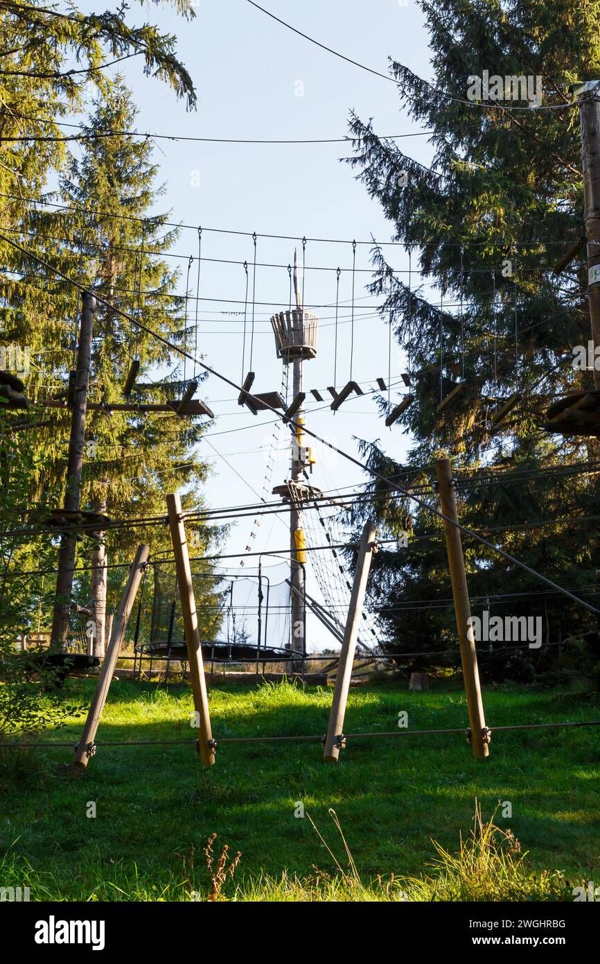 Rope-way in adventure park. Empty extreme rope park with ziplines ...