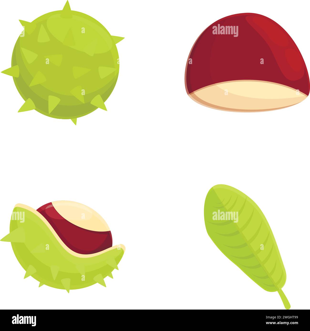 Chestnut icons set cartoon vector. Chestnut with leaf and spiky shell ...