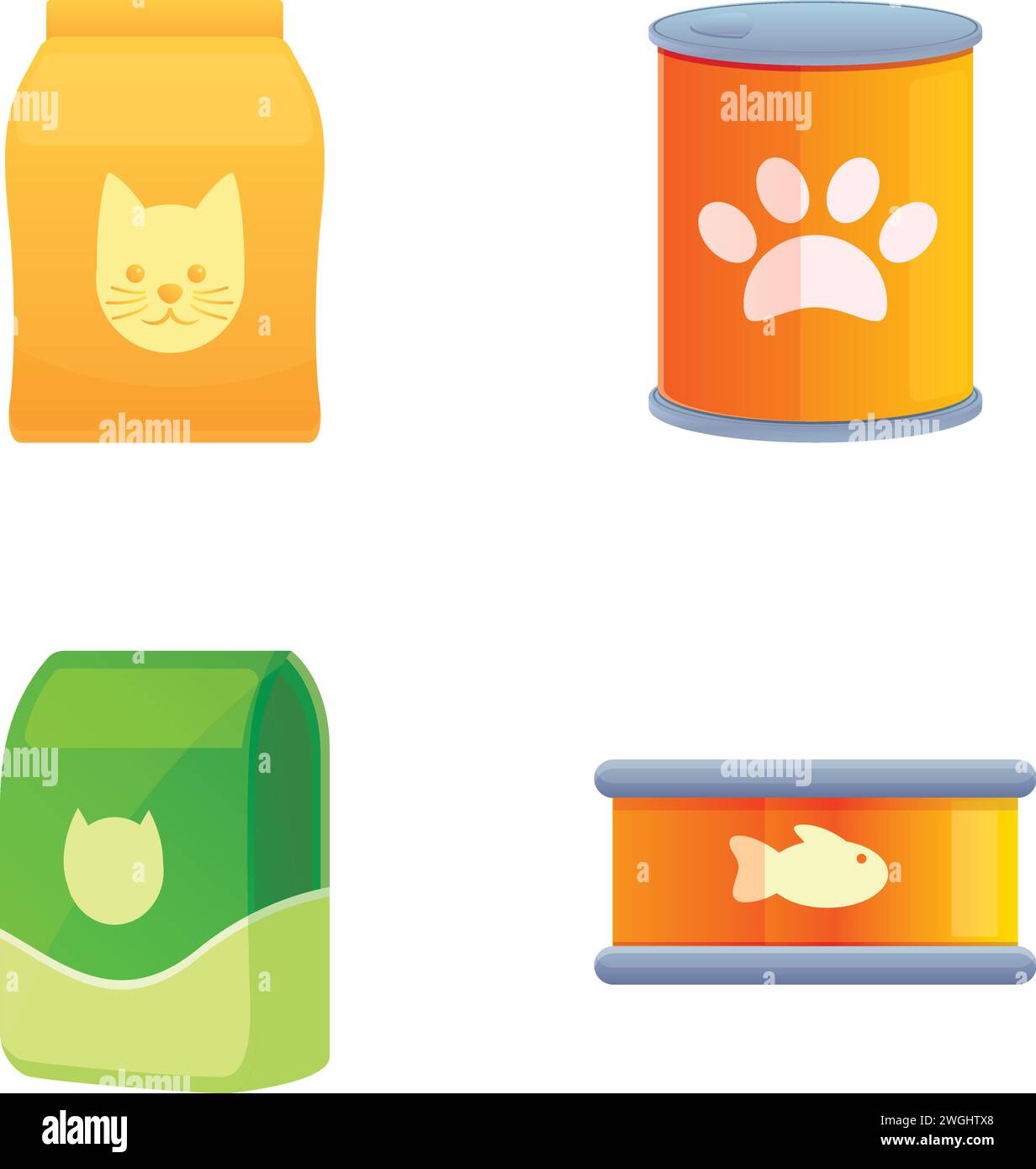 Animal food icons set cartoon vector. Packaged food for dog, cat and ...