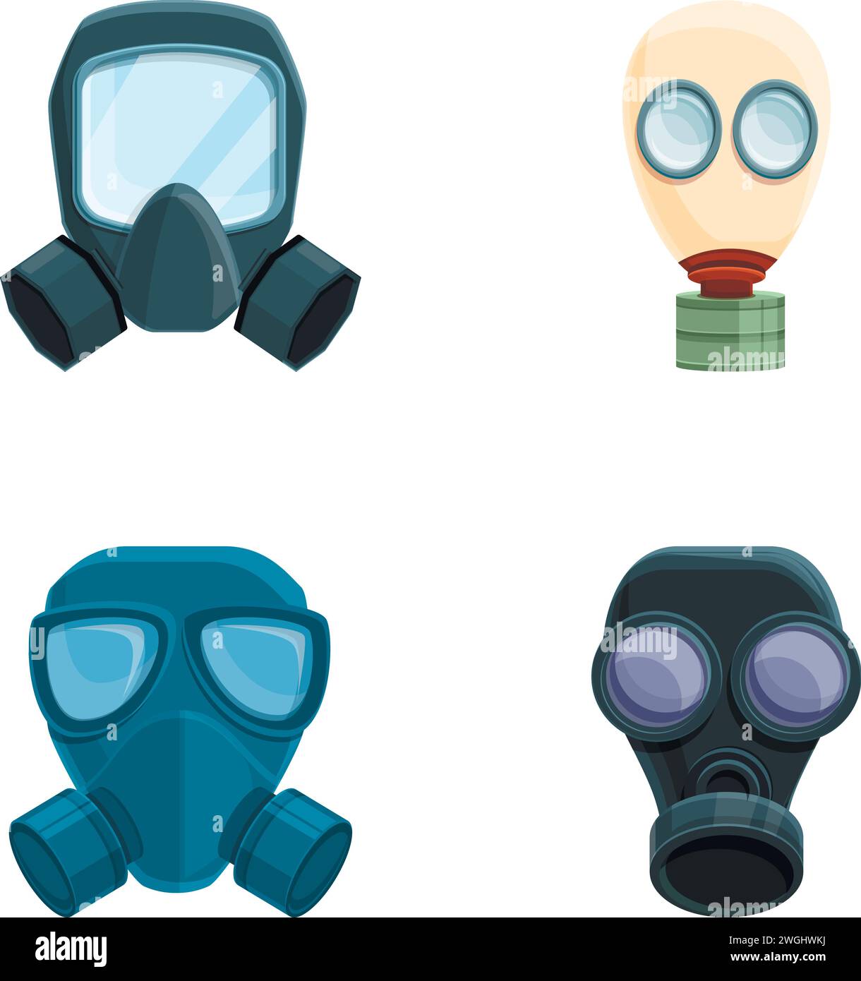 Gas mask icons set cartoon vector. Various type of chemical mask ...
