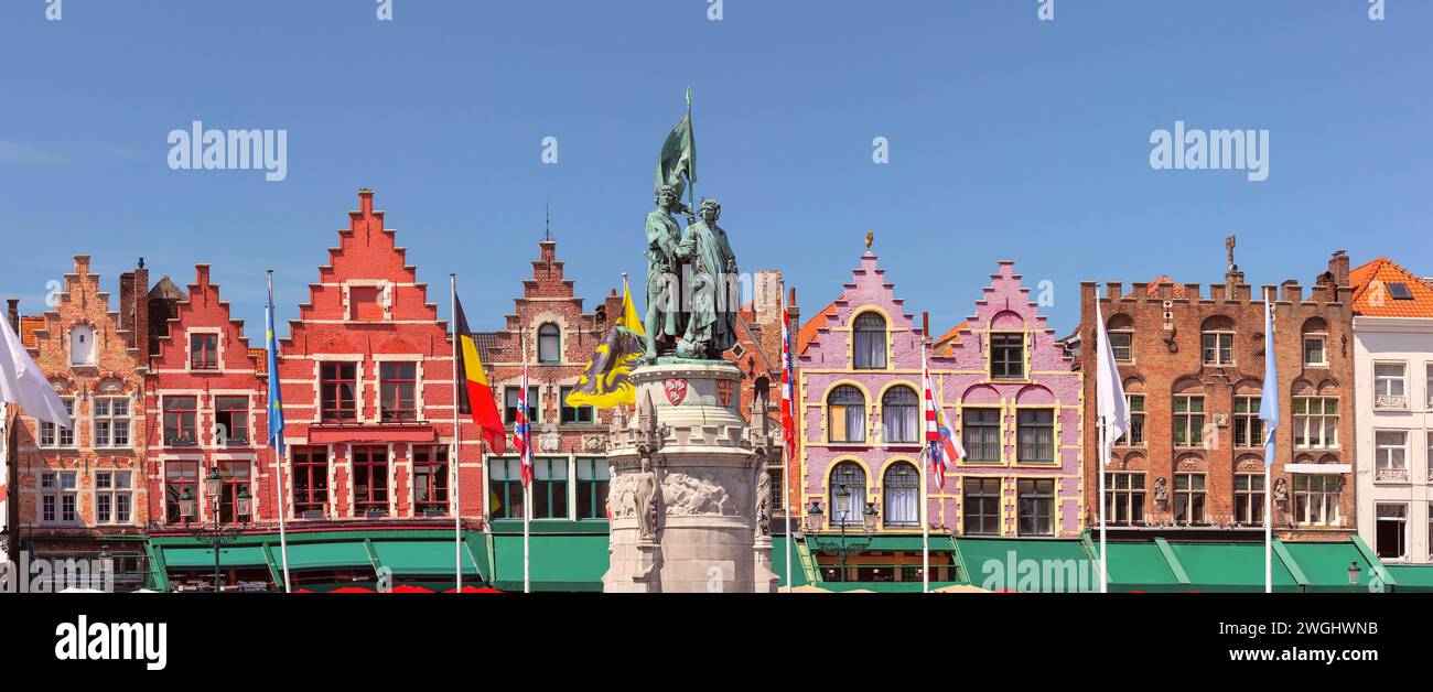 Panorama of typical Flemish colored houses on Market Square in center ...