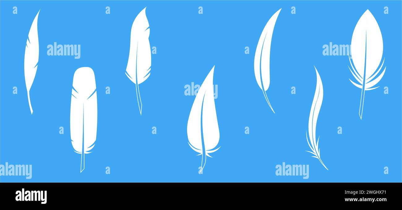 Set of black feather in a flat style. Set of bird feather. Pen vector icons. Black quill feather ...