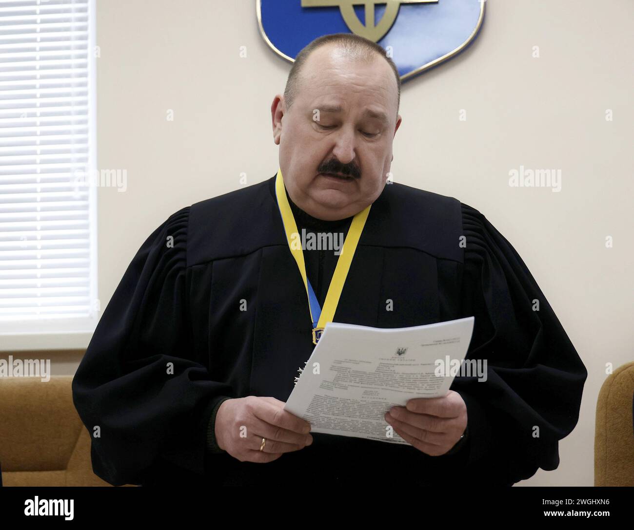 KHARKIV, UKRAINE - FEBRUARY 5, 2024 - Judge Ihor Semiriad delivers the ...