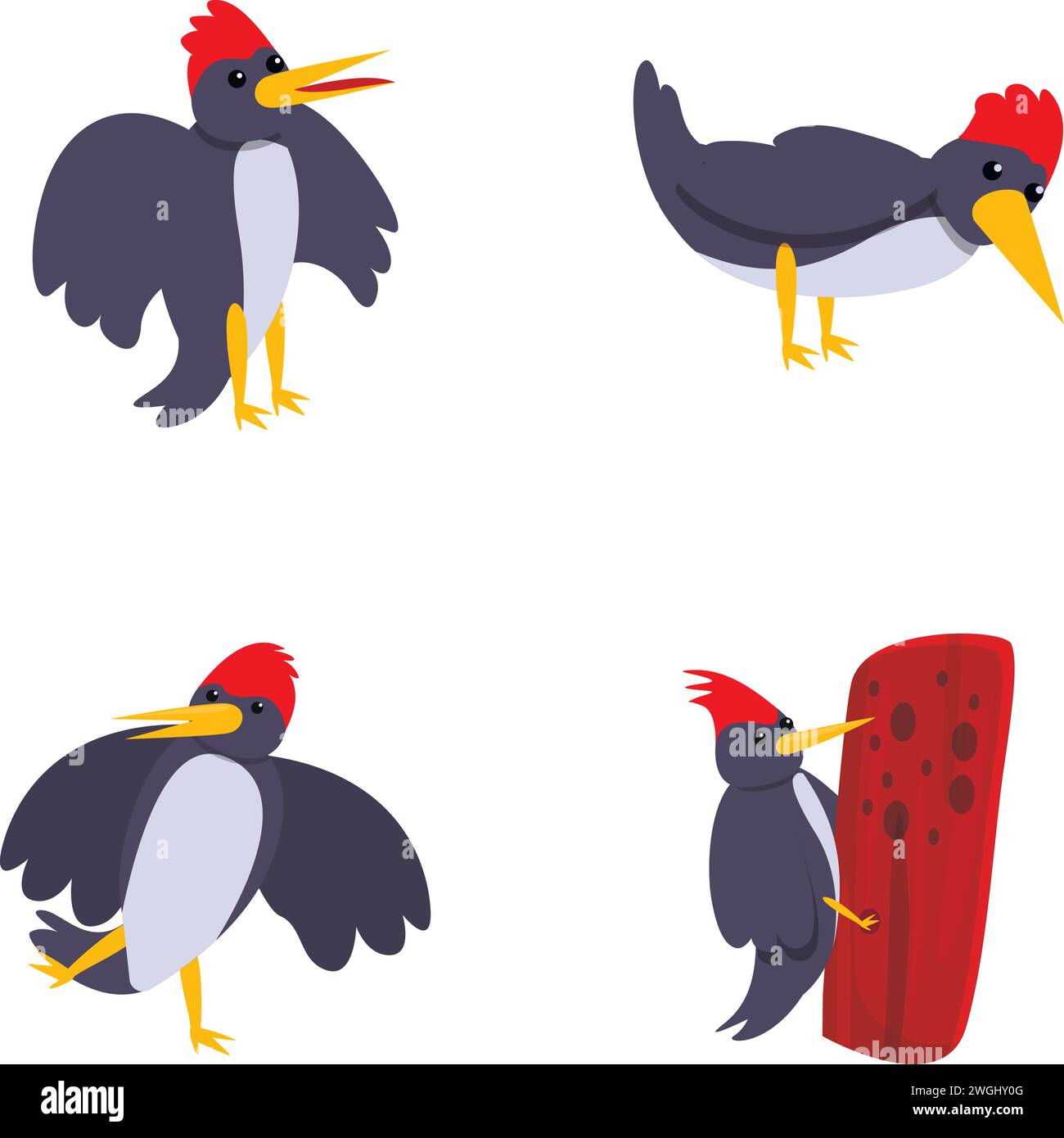 Cute woodpecker icons set cartoon vector. Funny colorful woodpecker ...