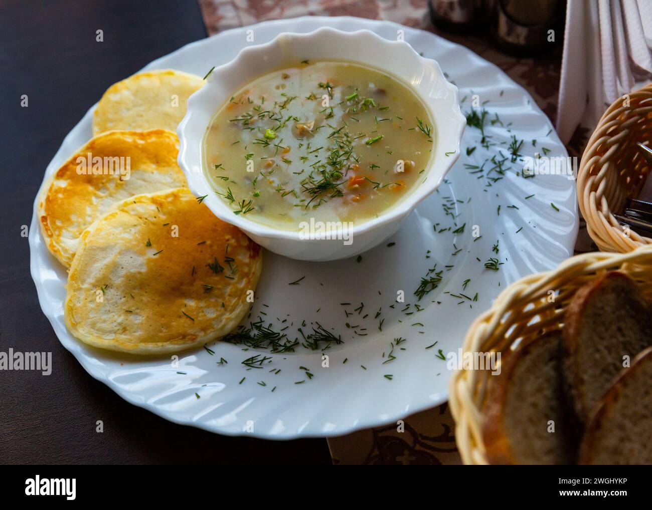 Traditional Belarusian machanka with pancakes Stock Photo - Alamy