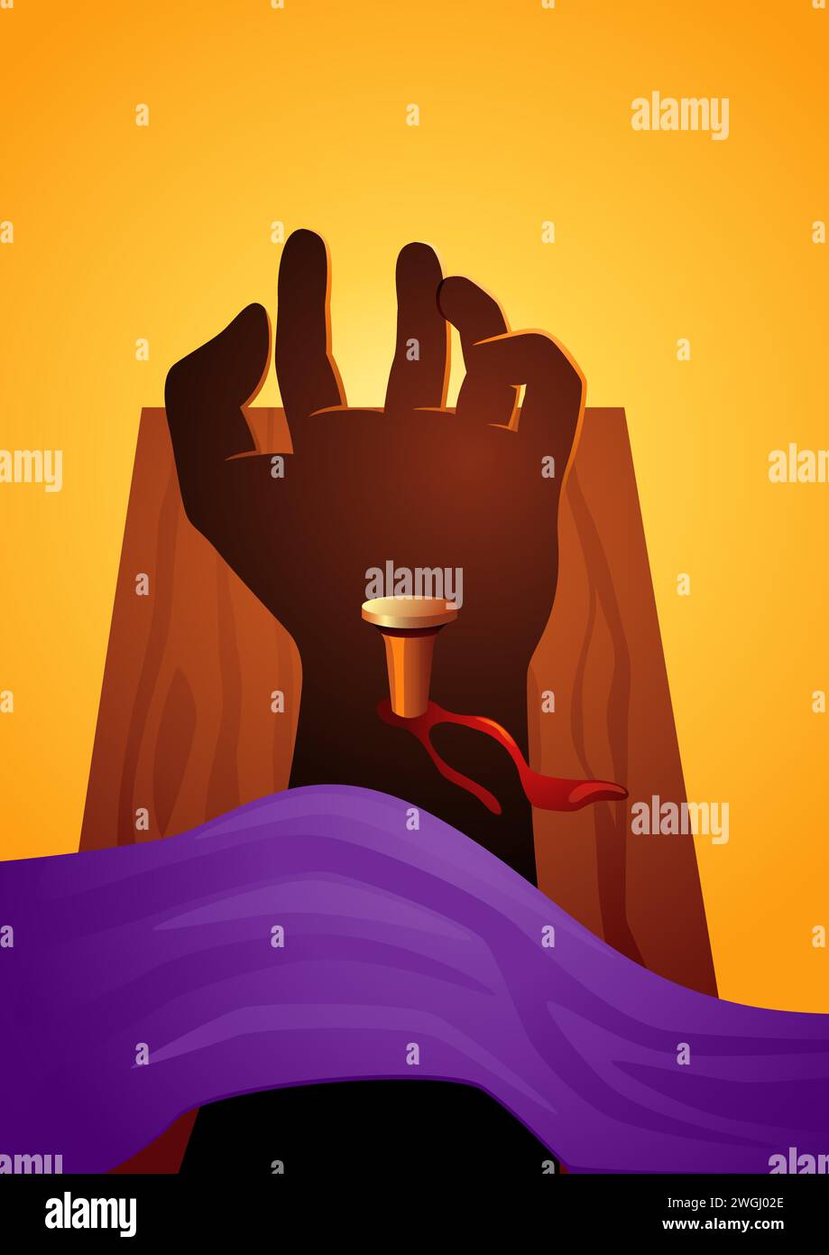 Biblical vector illustration of Jesus hand nailed on cross, Good Friday ...