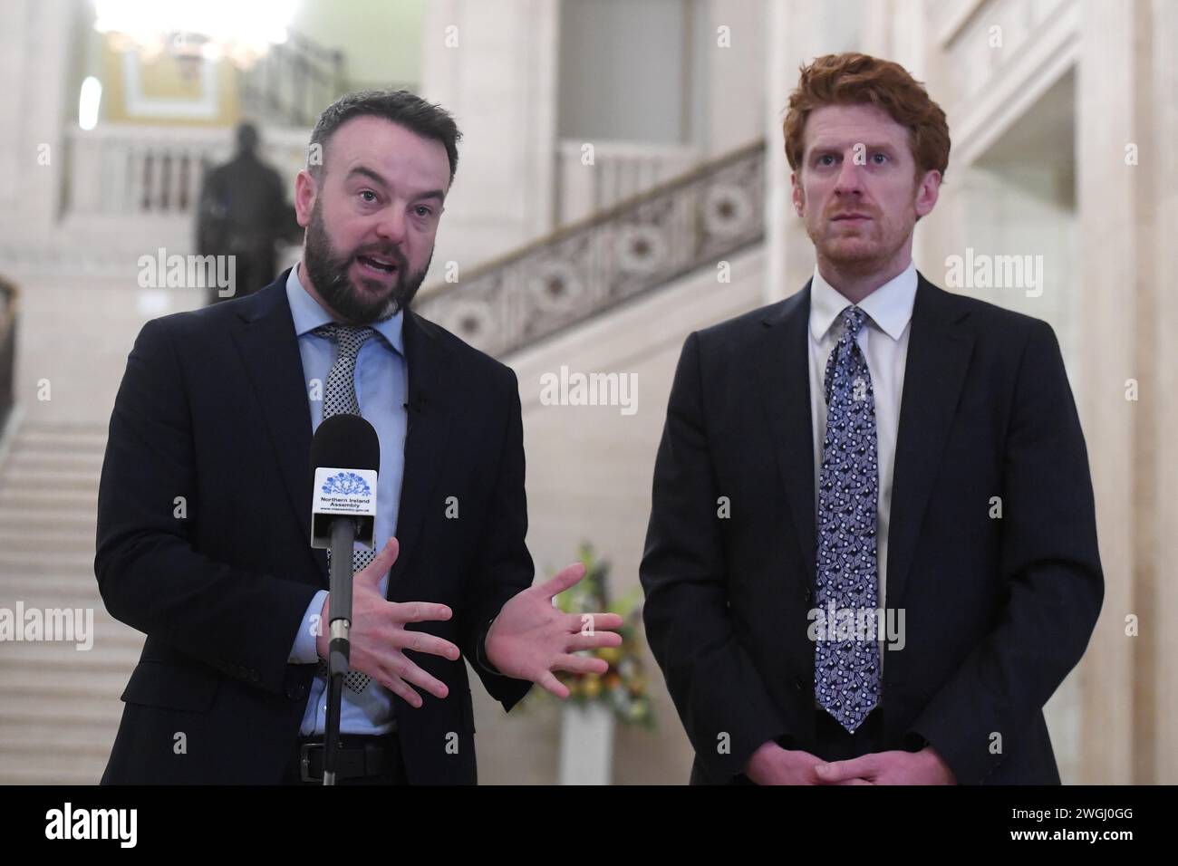 SDLP leader Colum Eastwood (left) and Matthew O'Toole speak during a ...