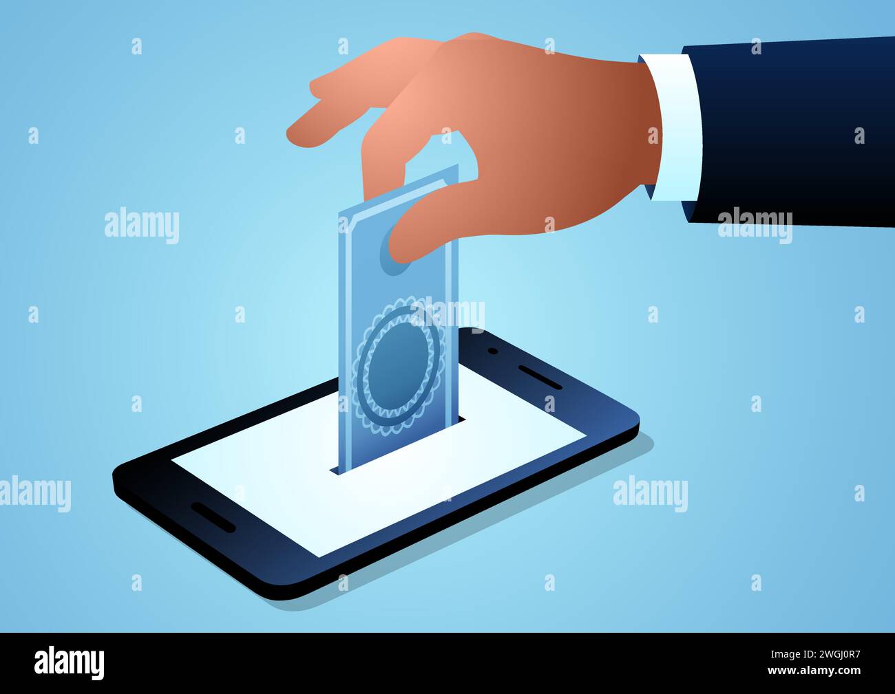 A hand put money into cellular phone, online donation, investment ...