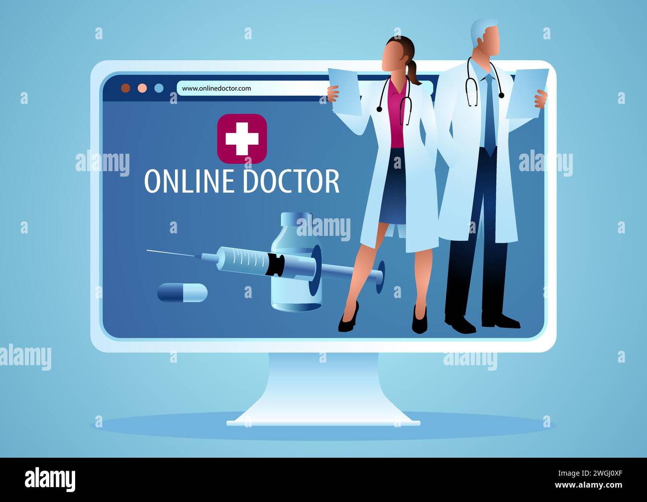 Doctors with stethoscope on computer screen, online medical support ...