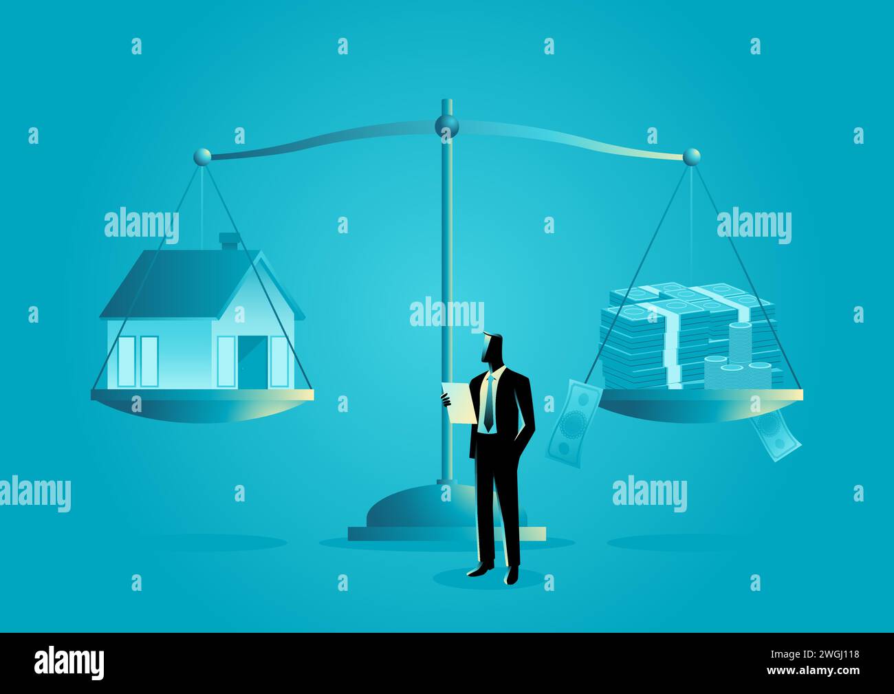 Business concept illustration of money stack and a house on a scale ...