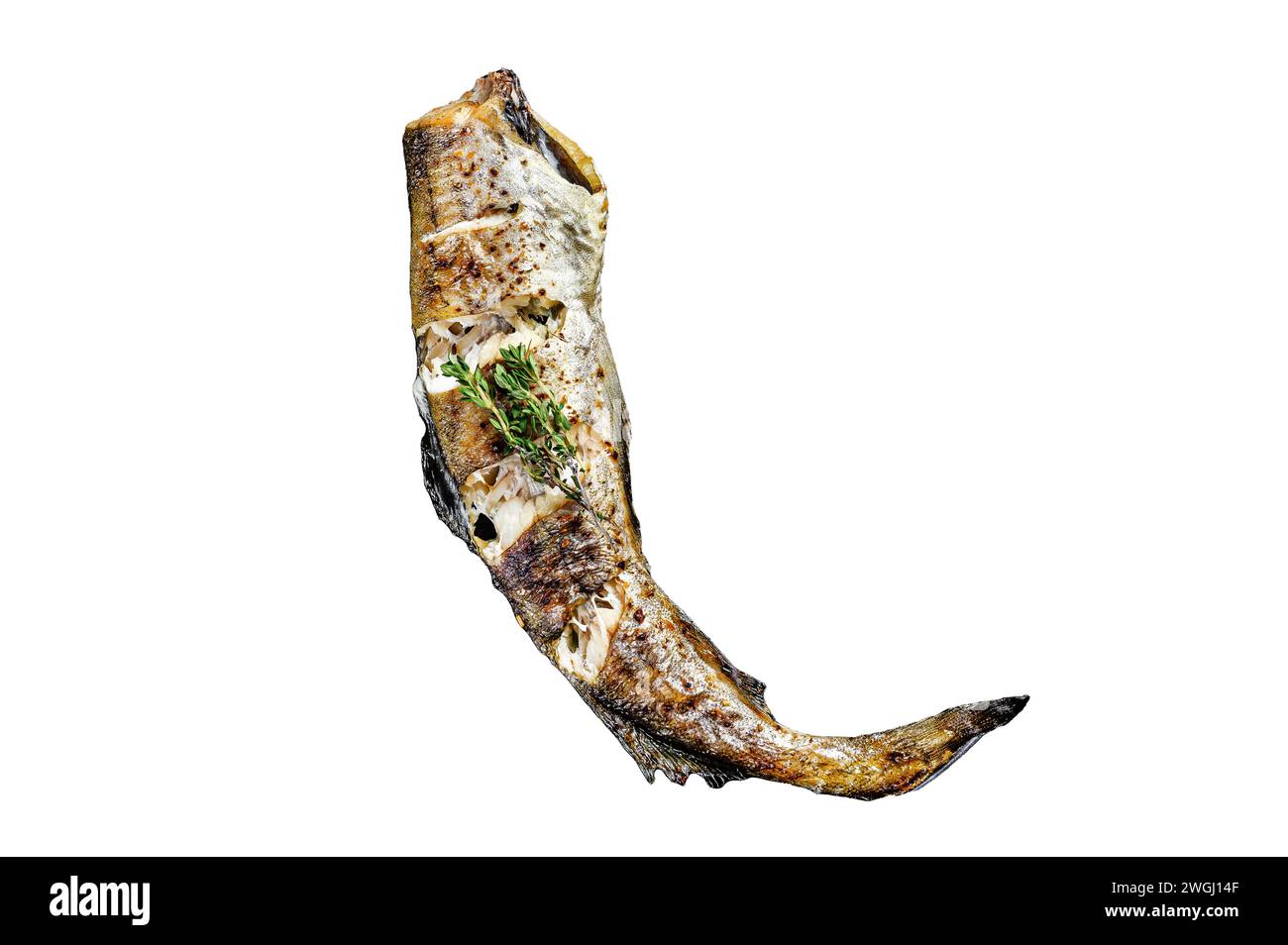 Baked pollock cooked in a savory marinade. Isolated on white background ...